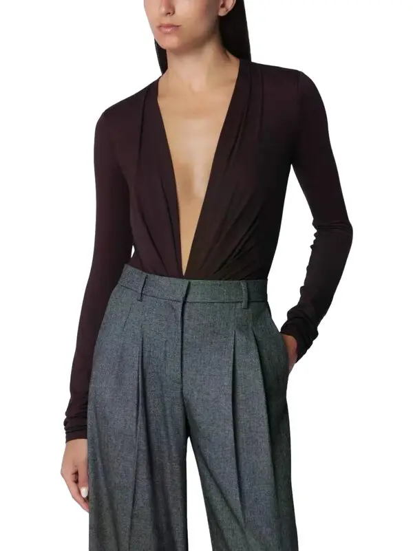 Andamane Deep V-neck Long Sleeve Bodysuit - Brown