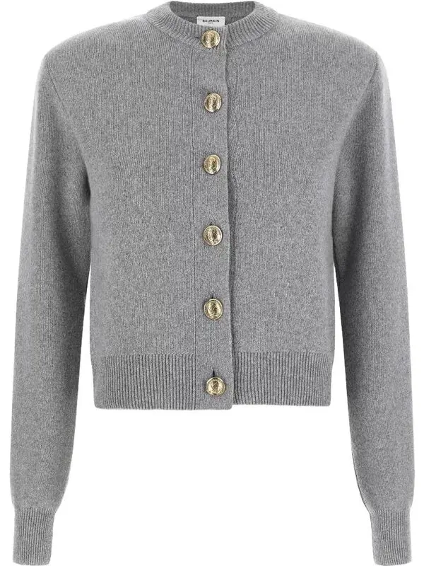 Balmain Engraved-button Crew-neck Cardigan - Grey