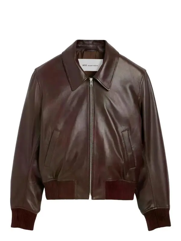 AMI Paris Lamb Leather Zipped Jacket - Brown