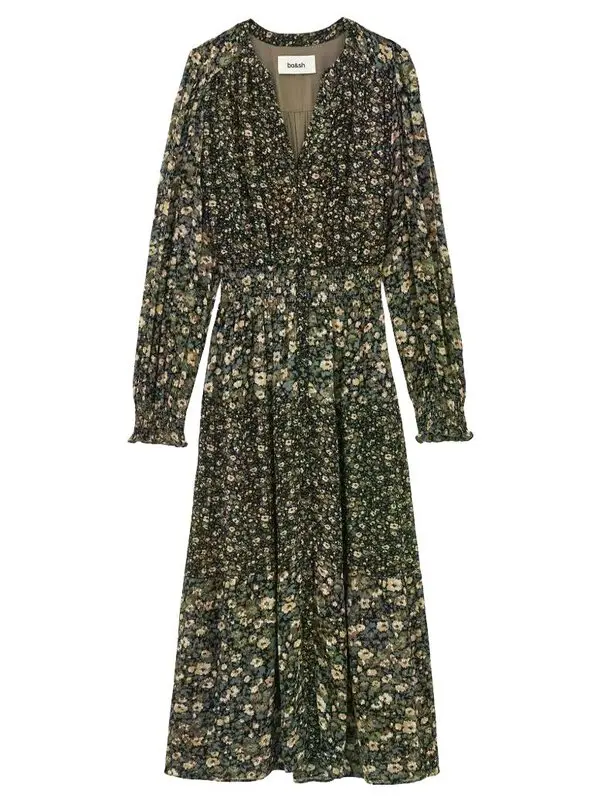 Ba&sh Floral Print V-neck Long Sleeve Midi Dress - Black