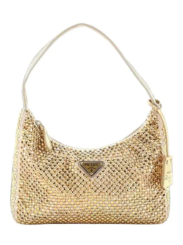 Prada Re-edition 2000 Crystal Embellished Satin Mini Hobo Bag - Gold