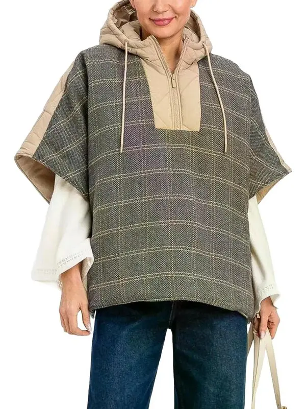 TWINSET Checked Hooded Poncho - Neutrals