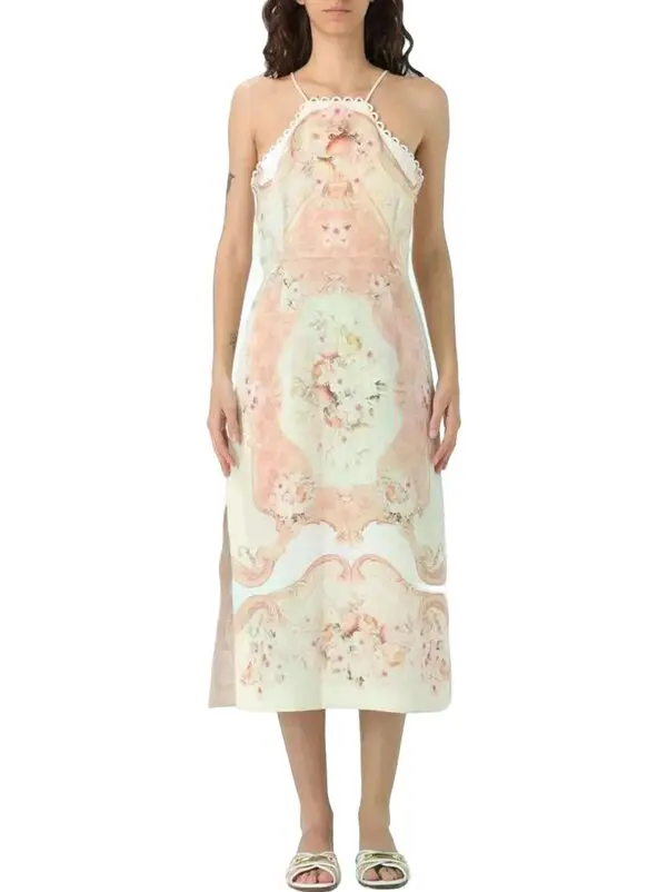 TWINSET Floral Print Scalloped Trim Midi Dress - Neutrals