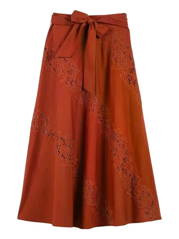 TWINSET Long Poplin And Broderie Anglaise Skirt - Brown