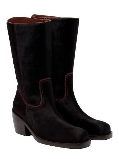 Dries Van Noten Calf Hair Mid-calf Block Heel Boots - Brown