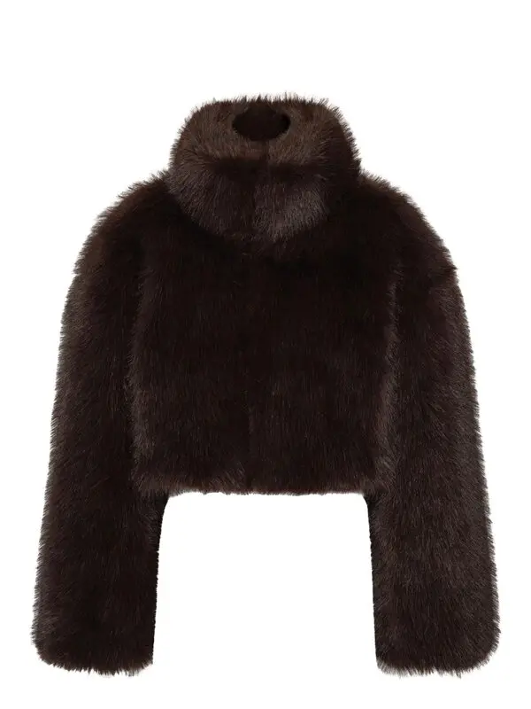 ROTATE BY BIRGER CHRISTENSEN Cropped Faux Fur Jacket With High Collar - Marrone