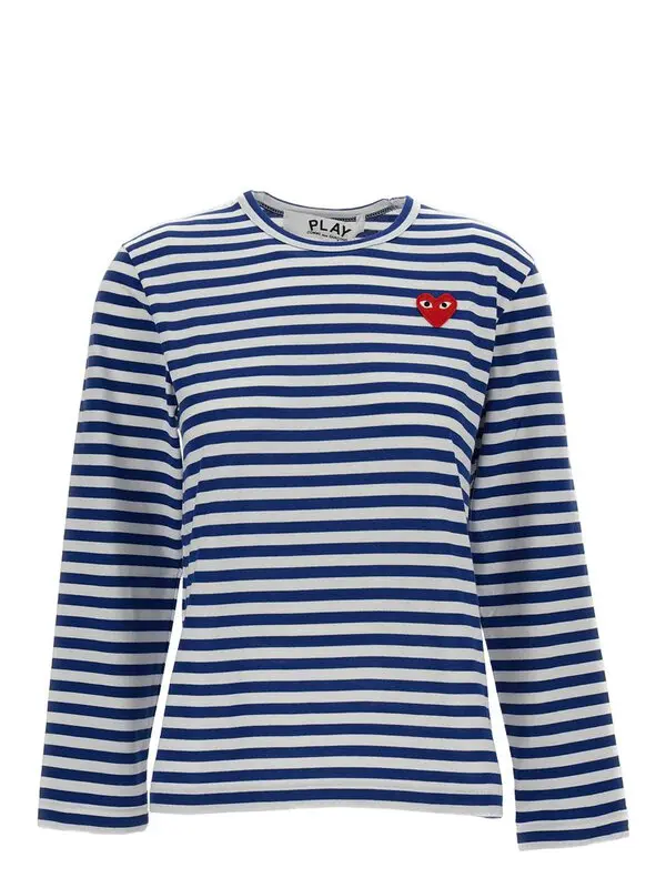 Play Comme Des Garcon Striped Long Sleeve T-shirt With Red Heart Logo - Blue