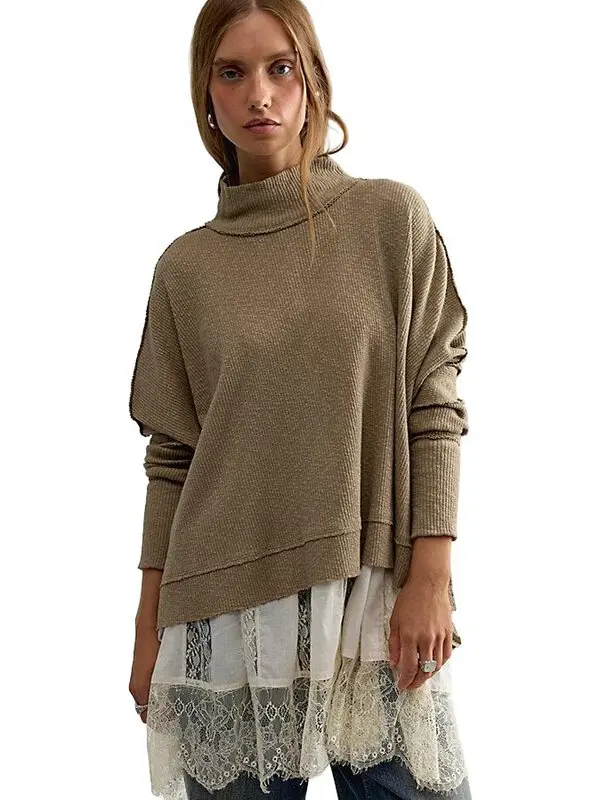 Free People We The Free "moon Daisy" Turtle-neck Twofer Top - Saged Army