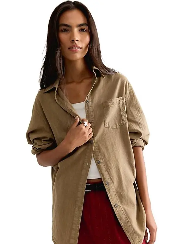 Free People Sabine Striped Linen Button Down Top - Aloe