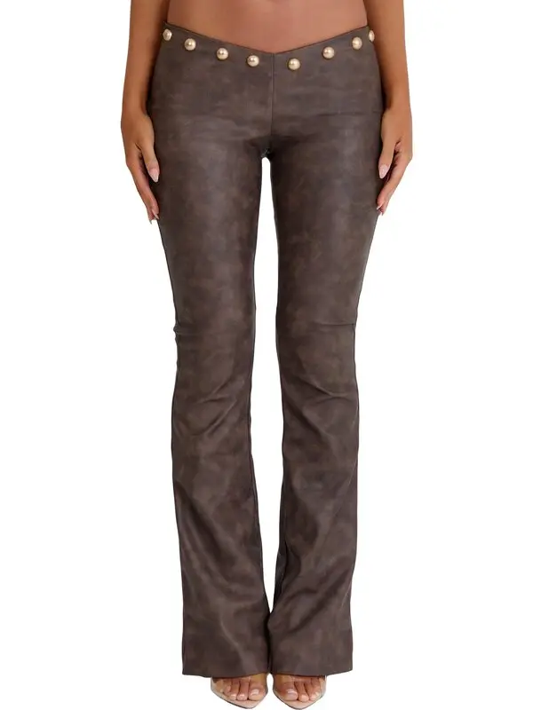OUTCAST Kamaris Flared Pu Pants With Stud Detail - Brown