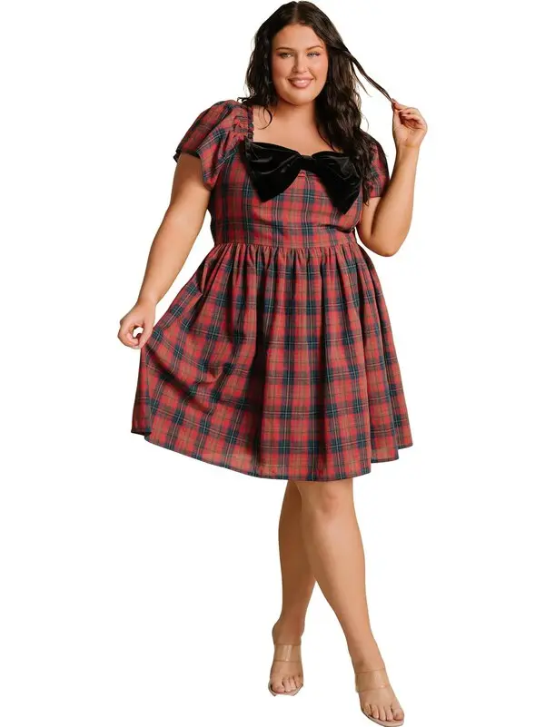 IN FEBRUARY Claudine Plaid Mini Dress With Velvet Bow - Plaid Multi