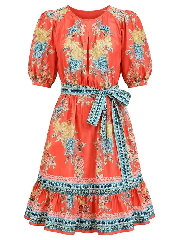 RAISHMA Petula Floral Print Mini Dress With Belt - Orange