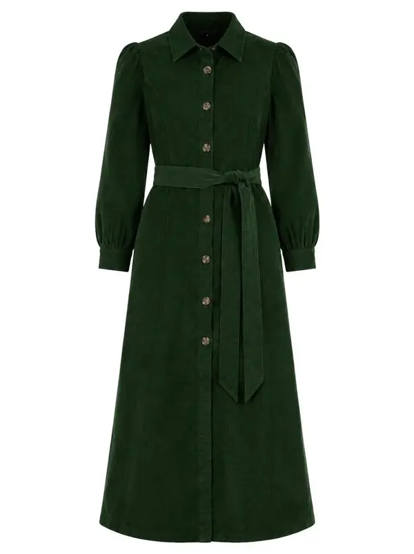 RAISHMA Delphine Corduroy Belted Midi Shirt Dress - Green