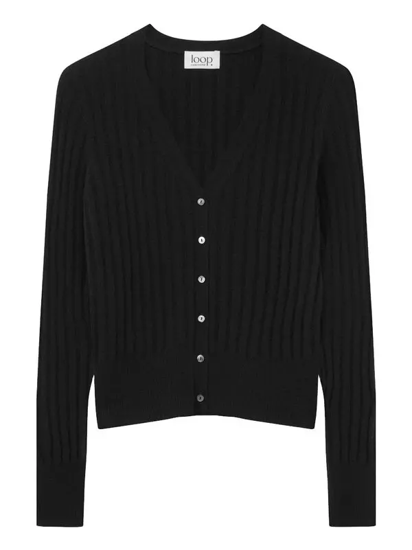 LOOP CASHMERE V-neck Wide Rib Cardigan - Black