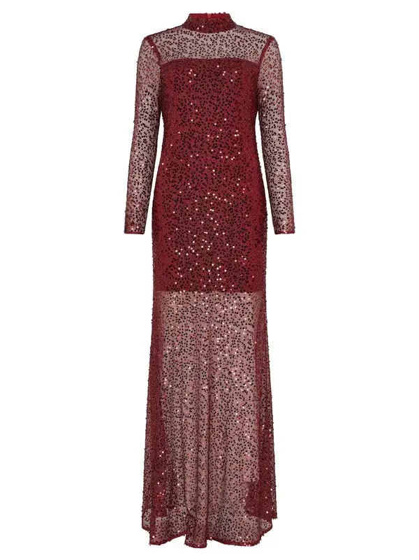 SOUR FIGS Sequin Embellished Sheer Mesh Gown - Red