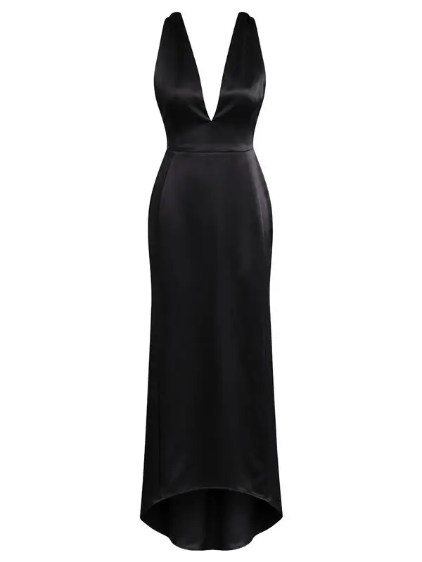 AISL Plunge V-neck Halter Midi Dress - Black