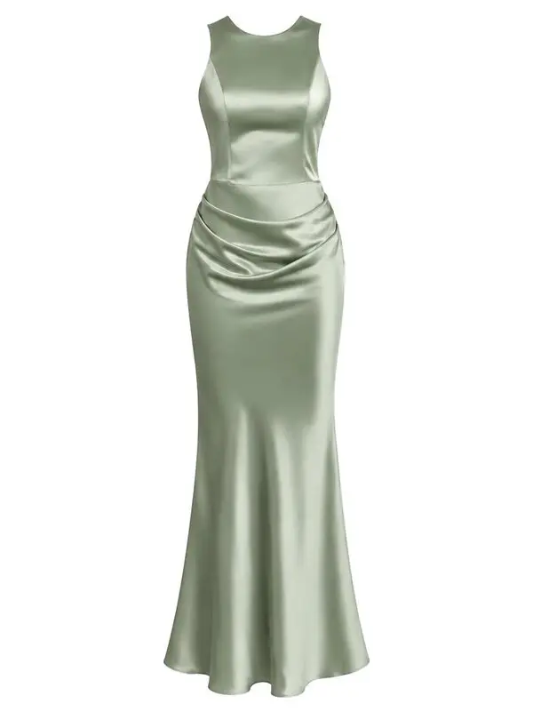 AISL Sage Satin Draped Maxi Dress - Green