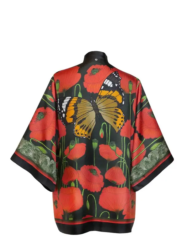 KUEEN Silk Poppies Kimono Jacket - Black/red/green