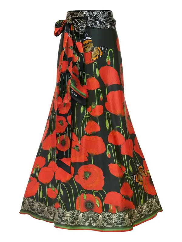KUEEN Floral Silk Wrap Skirt - Black/green/red