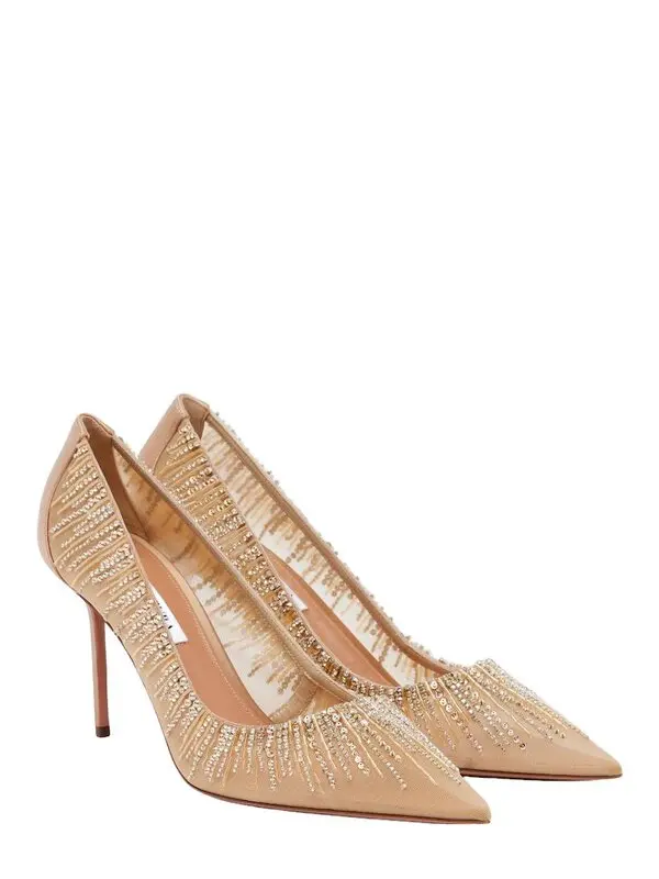 AQUAZZURA Embellished Tulle And Satin Pointed Toe Pumps - Beige