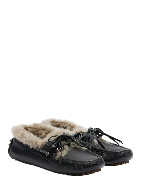 Brunello Cucinelli Monili Shearling Boat Shoes - Black