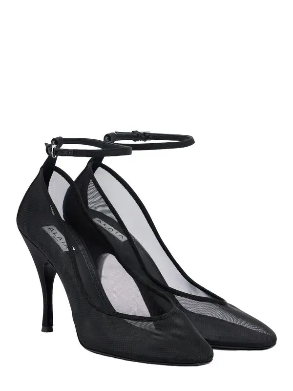 Alaïa Mesh Pointed Toe Pumps With Ankle Strap - Black