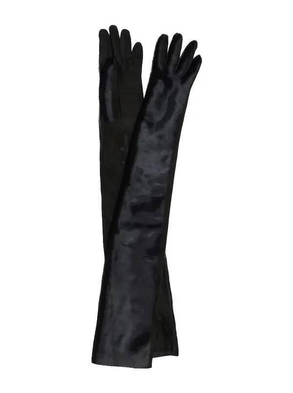 Alaïa Calf Hair And Suede Gloves - Black