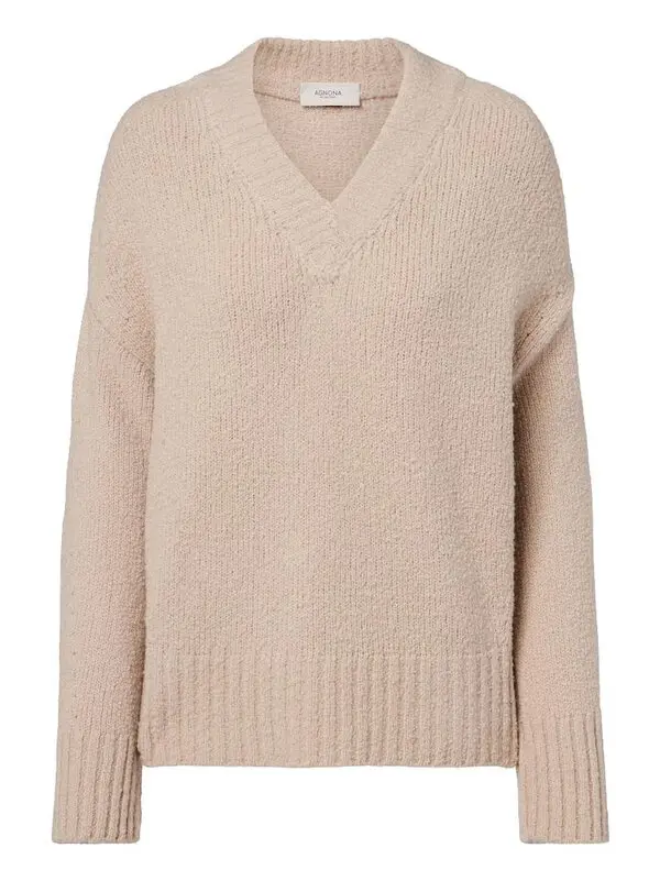 Agnona V-neck Ribbed Wool Sweater - Beige