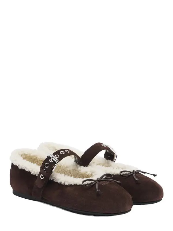 Miu Miu Shearling-lined Suede Ballet Flats - Brown