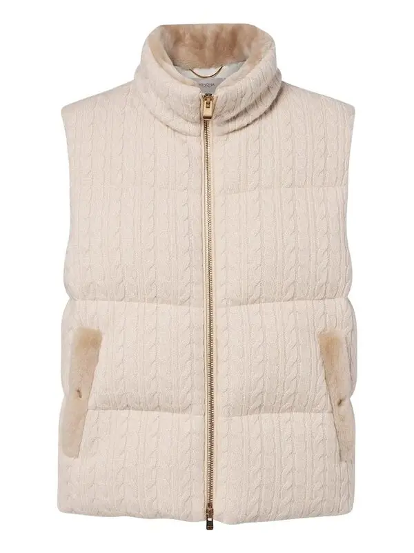 Agnona Cable-knit Cashmere Puffer Vest With Shearling Trim - Beige