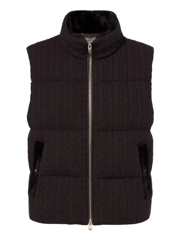 Agnona Cable-knit Cashmere Puffer Vest With Shearling Trim - Brown