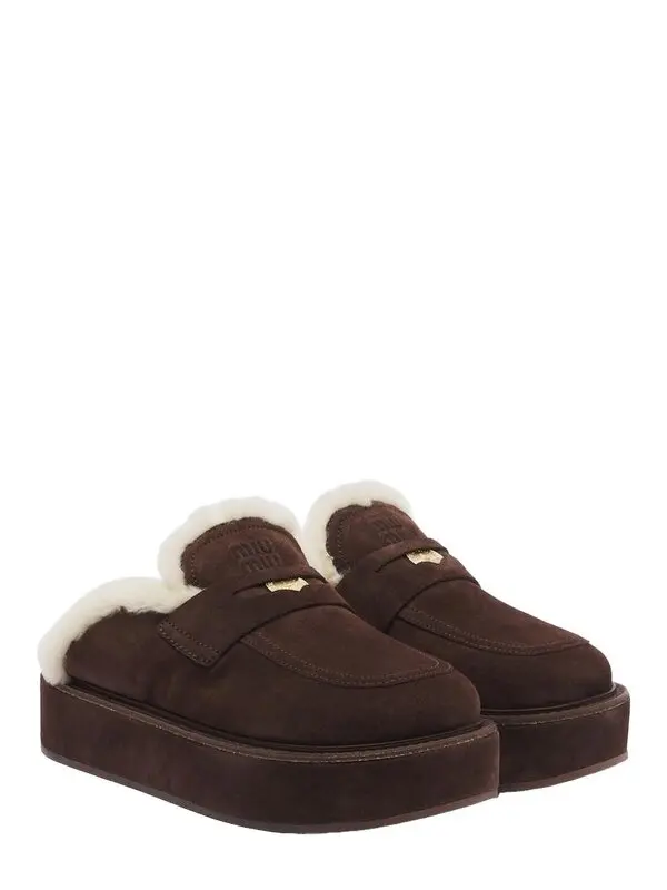 Miu Miu Shearling-lined Suede Platform Mules - Brown