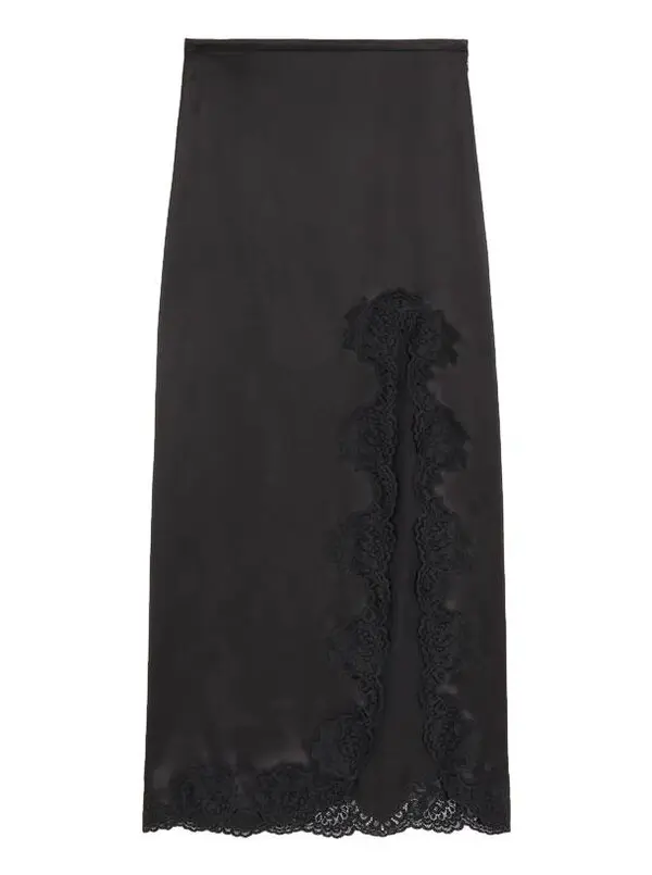 Valentino Garavani Long Skirt In Crepe Satin With Lace Trim - Black