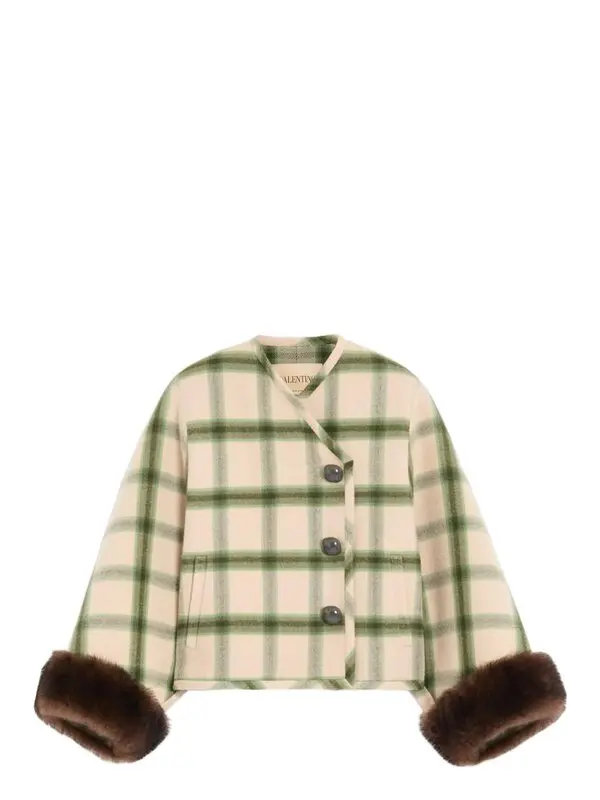 Valentino Garavani Macro Window Shearling Trimmed Caban - Vanilla/green/brown