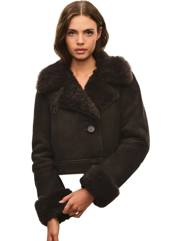 LoveShackFancy Rainier Cropped Shearling Jacket - Graphite