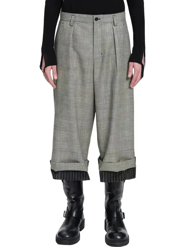 ANN DEMEULEMEESTER Layered Hem Wool Trousers In Prince Of Wales Check - Black