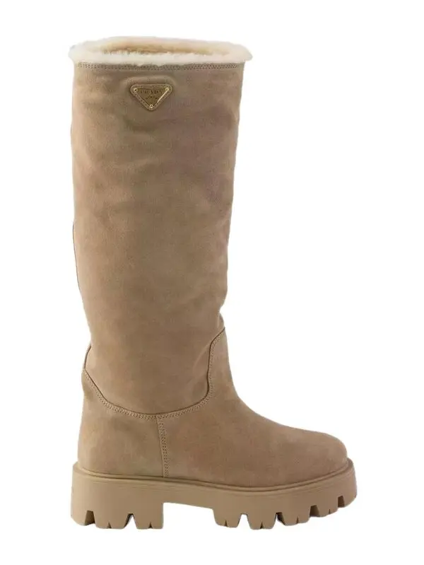 Prada Suede Tall Boots With Shearling Lining - Neutrals