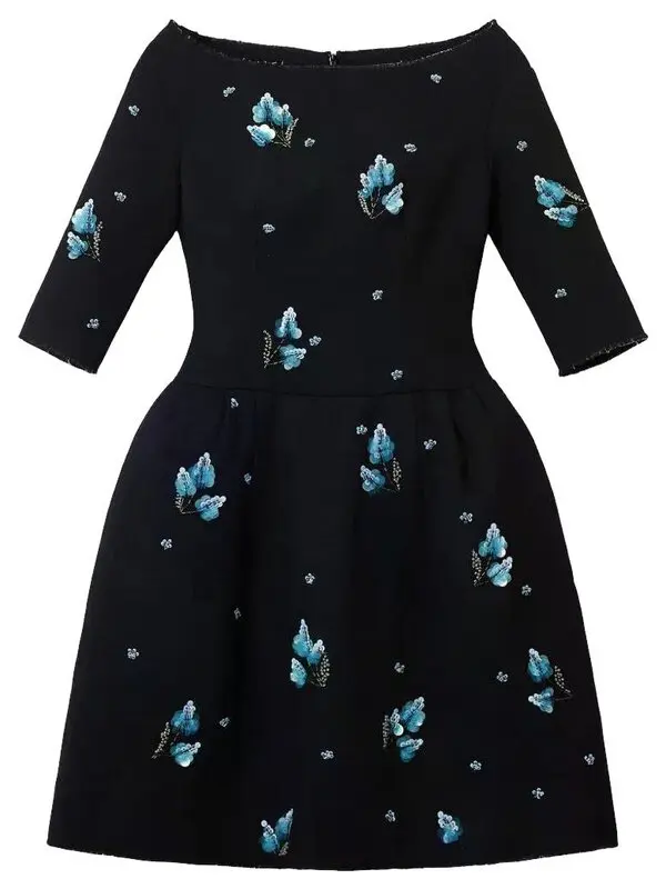SHUSHU/TONG Floral Appliqué Boat Neck Dress - Black
