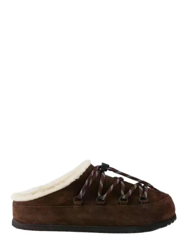 Prada Suede Mules With Shearling Lining And Crisscross Cords - Brown
