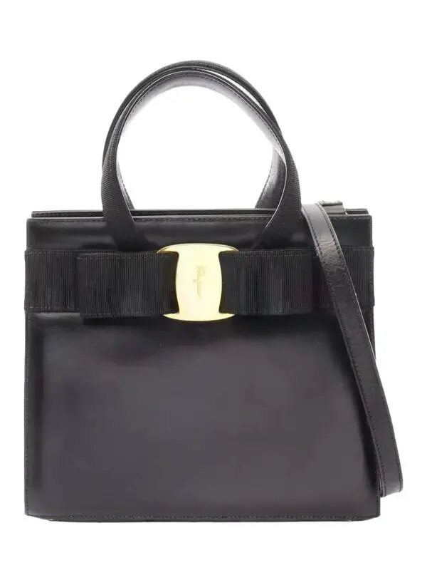 FERRAGAMO Leather Grosgrain Vara Ribbon Tote Bag - Black
