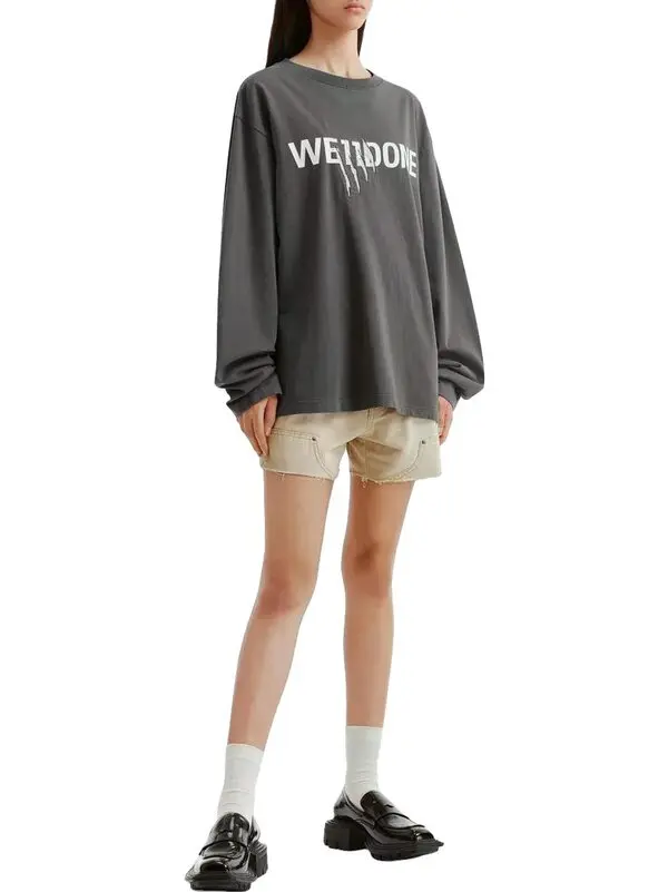 We11Done Logo Print Distressed Long Sleeve T-shirt - Grey