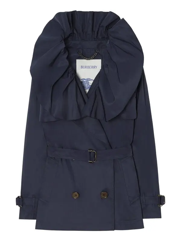 Burberry Double Breasted Ruffle Collar Trench Coat - Blue