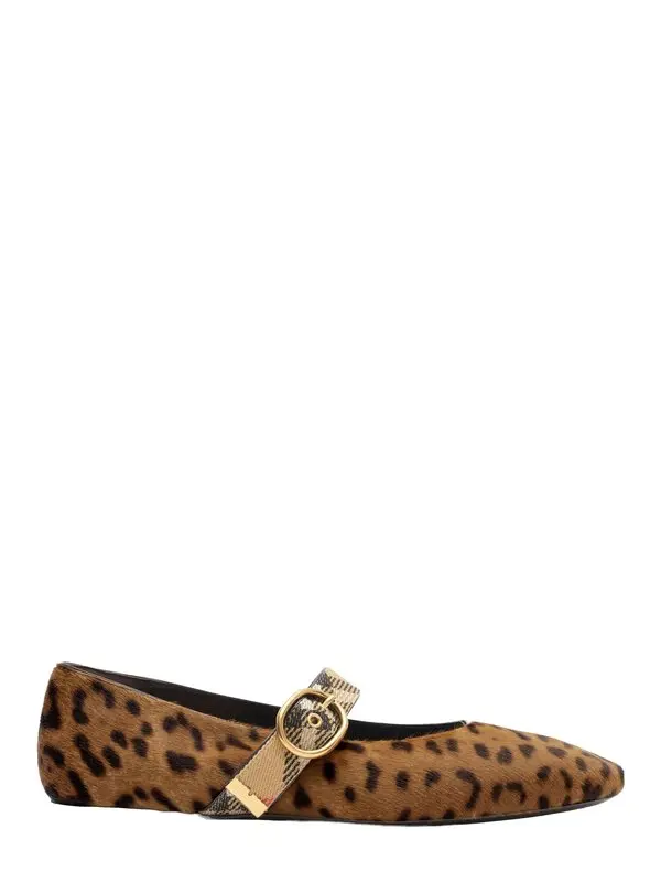 Burberry Leopard Print Calf Hair Ballet Flats With Check Strap - Black