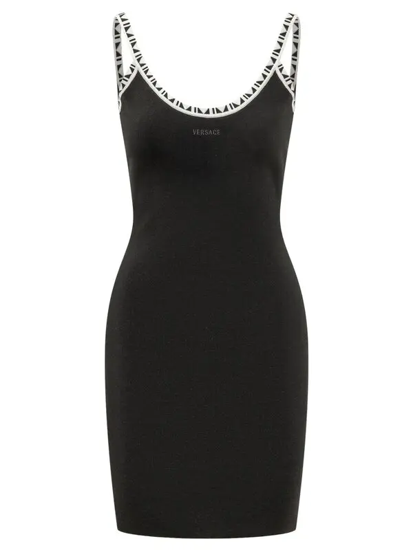 Versace Ribbed Knit Mini Dress With Logo Straps - Black