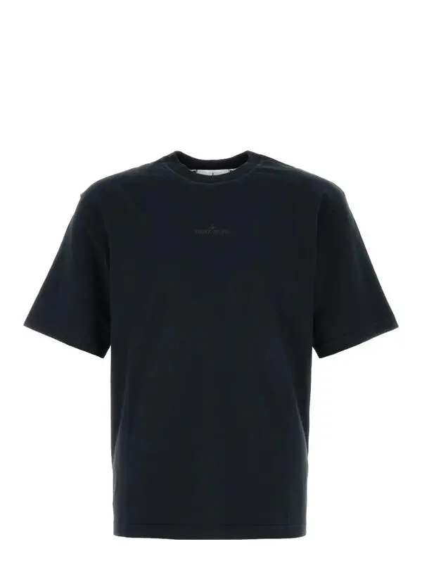 Stone Island Ribbed Crewneck T-shirt With Chest Logo Print And Back Compass Graphic - Blu