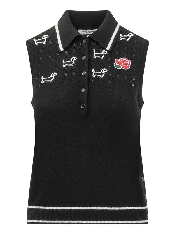 Thom Browne Sleeveless Polo With Dachshund And Rose Embroidery - Black