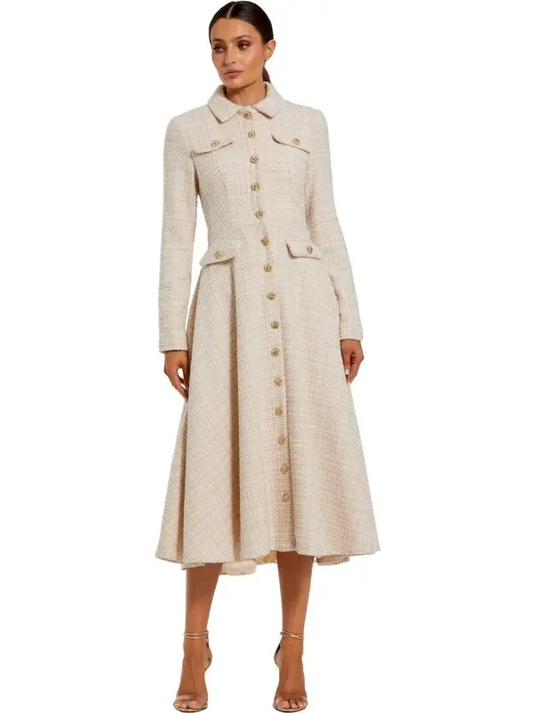Mac Duggal Ivory Boucle Button Front Midi Dress - Ecru