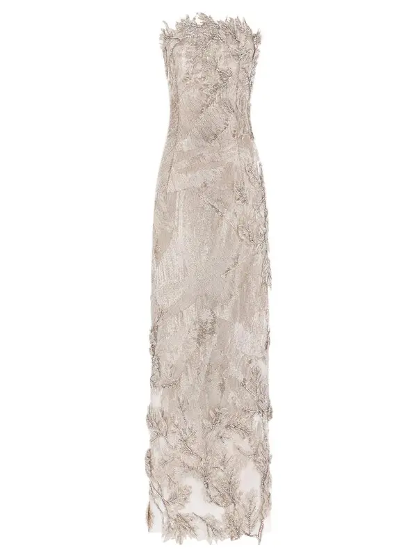 Oscar De La Renta Strapless Embroidered Cocktail Dress - Silver