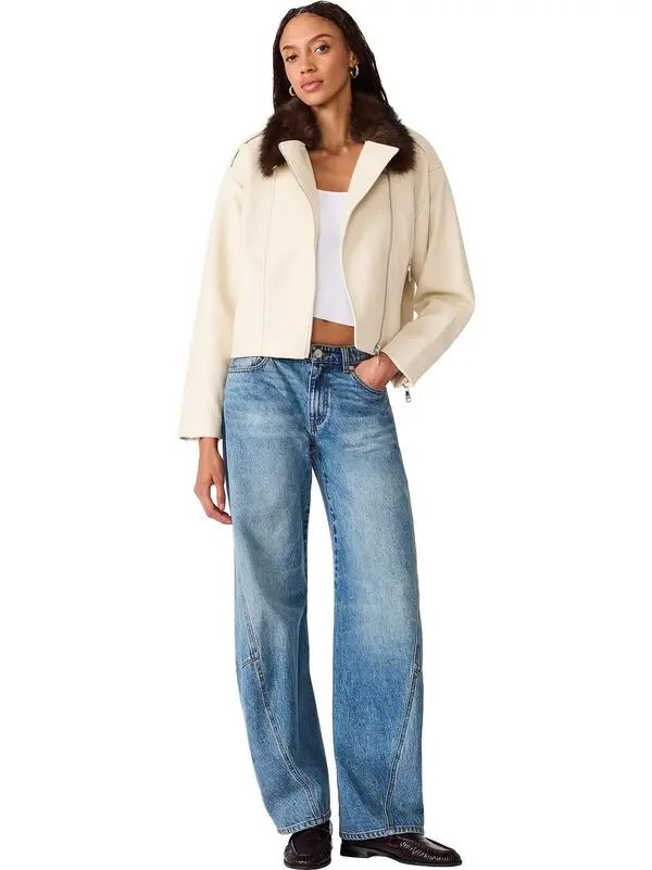 Steve Madden Silas Faux Leather Moto Jacket With Fur Collar - Bone
