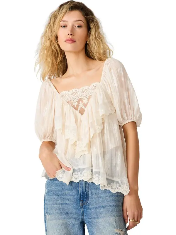 Steve Madden Vickie Top Short Sleeve Flowy Lace Top - Cream